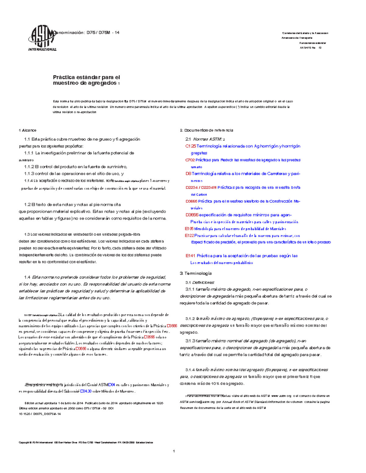 ASTM D75 Muestreo DE Agregados - Denominación: D75 / D75MDenominación ...