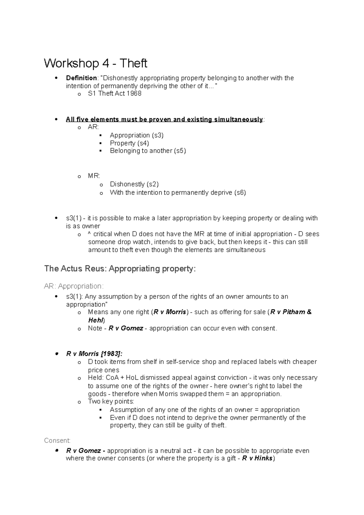 Criminal WS4 Prepare Notes - Workshop 4 - Theft Definition ...