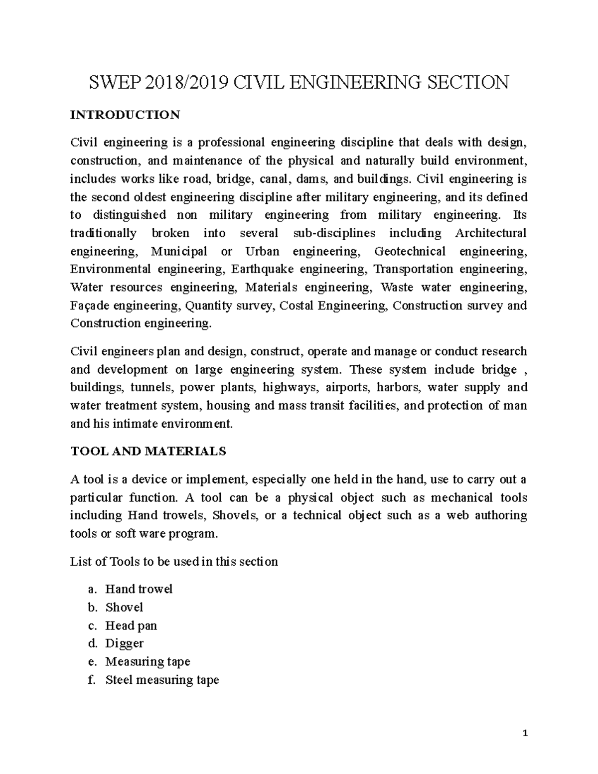 SWEP manual for 2017/2018 Civil Engineering Section - SWEP 2018/2019 ...
