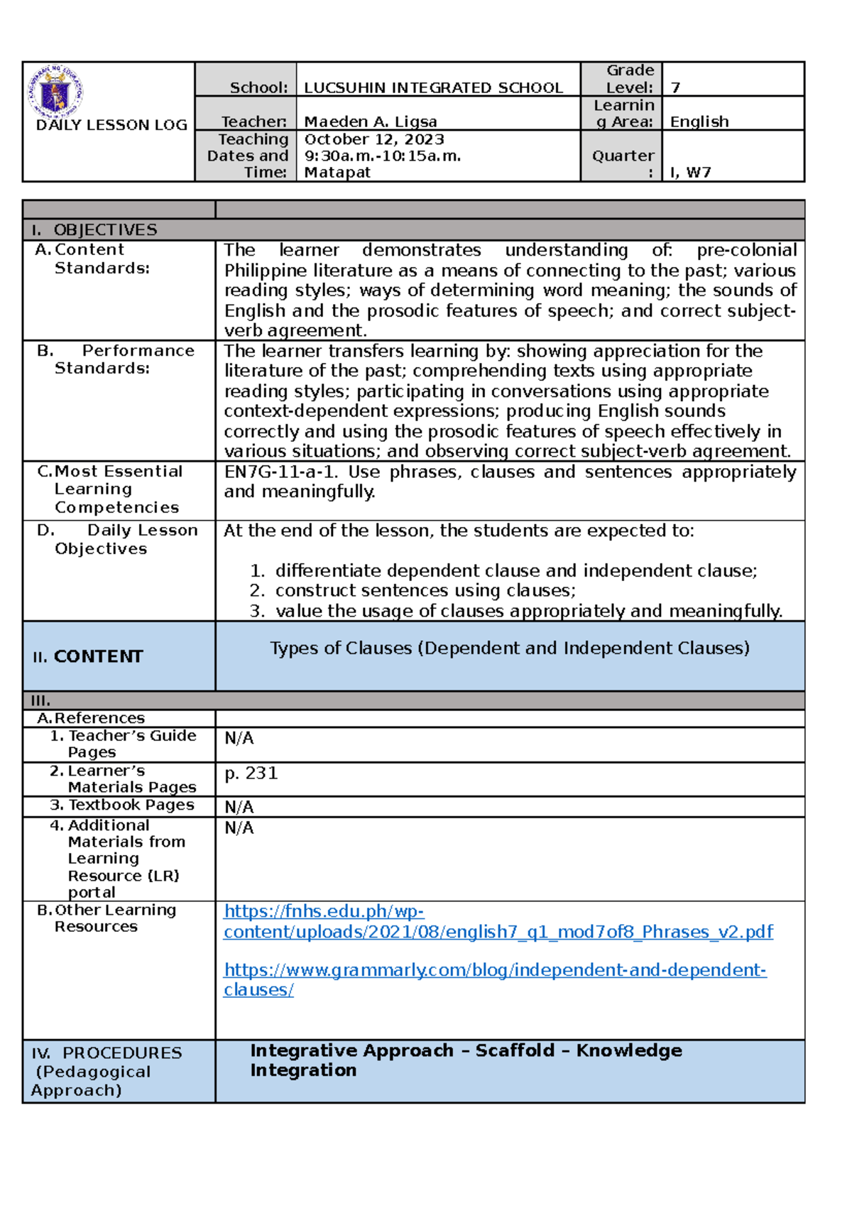 Lesson Plan in Types of Clauses 2023 - DAILY LESSON LOG School ...