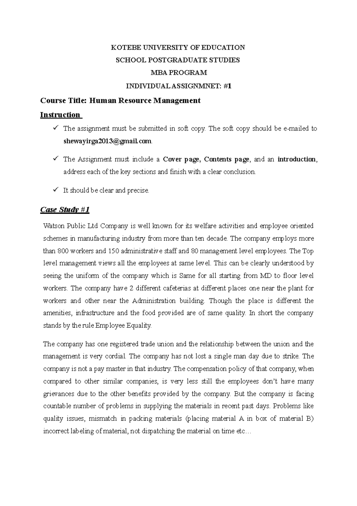 Individual Assignment (1),HRM - KOTEBE UNIVERSITY OF EDUCATION SCHOOL POSTGRADUATE STUDIES MBA ...