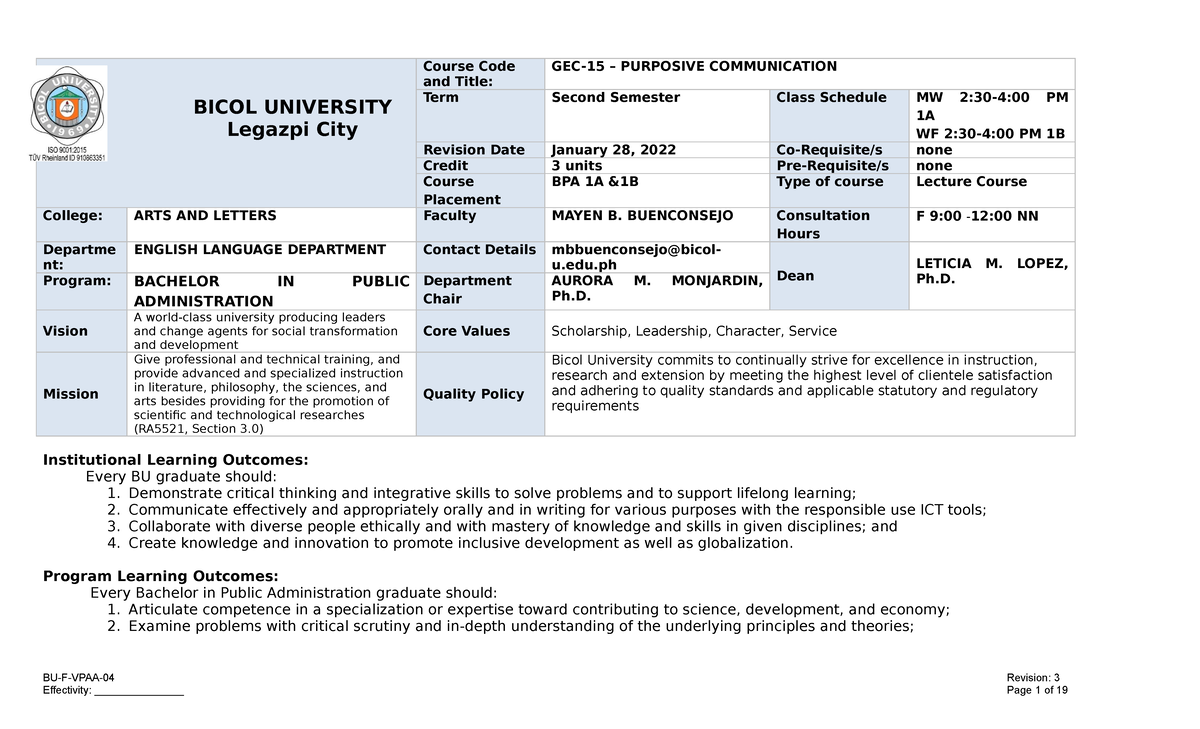 Purcom-Syllabus- BICOL UNIVERSITY Legazpi City Course Code and Title ...
