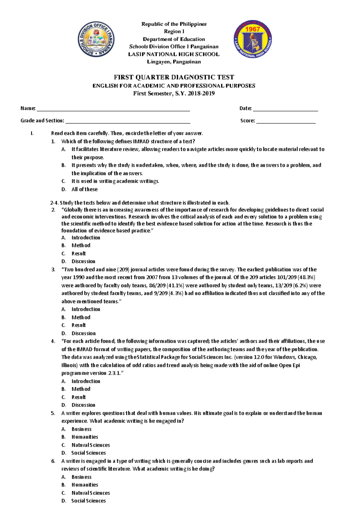 Toaz - Here is a sample of the EAPP Diagnostic Examination - Republic ...