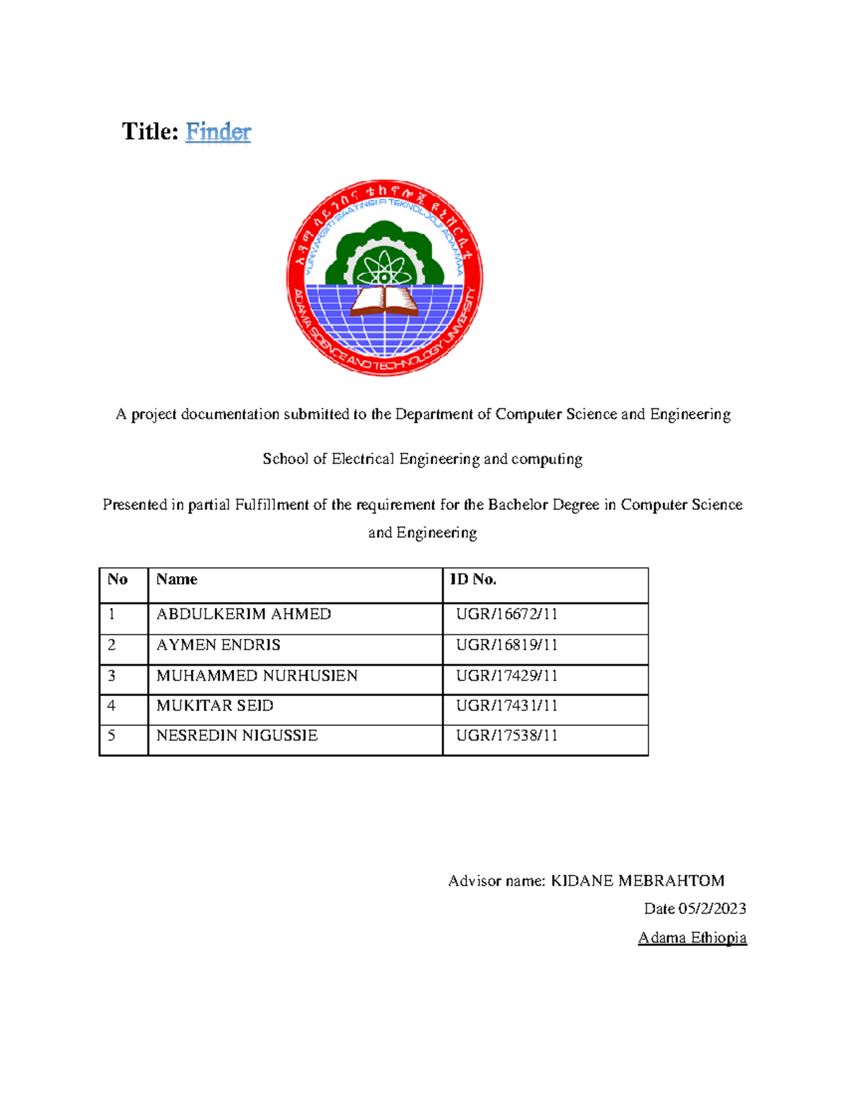 Finder final documentation - Title: A project documentation submitted ...