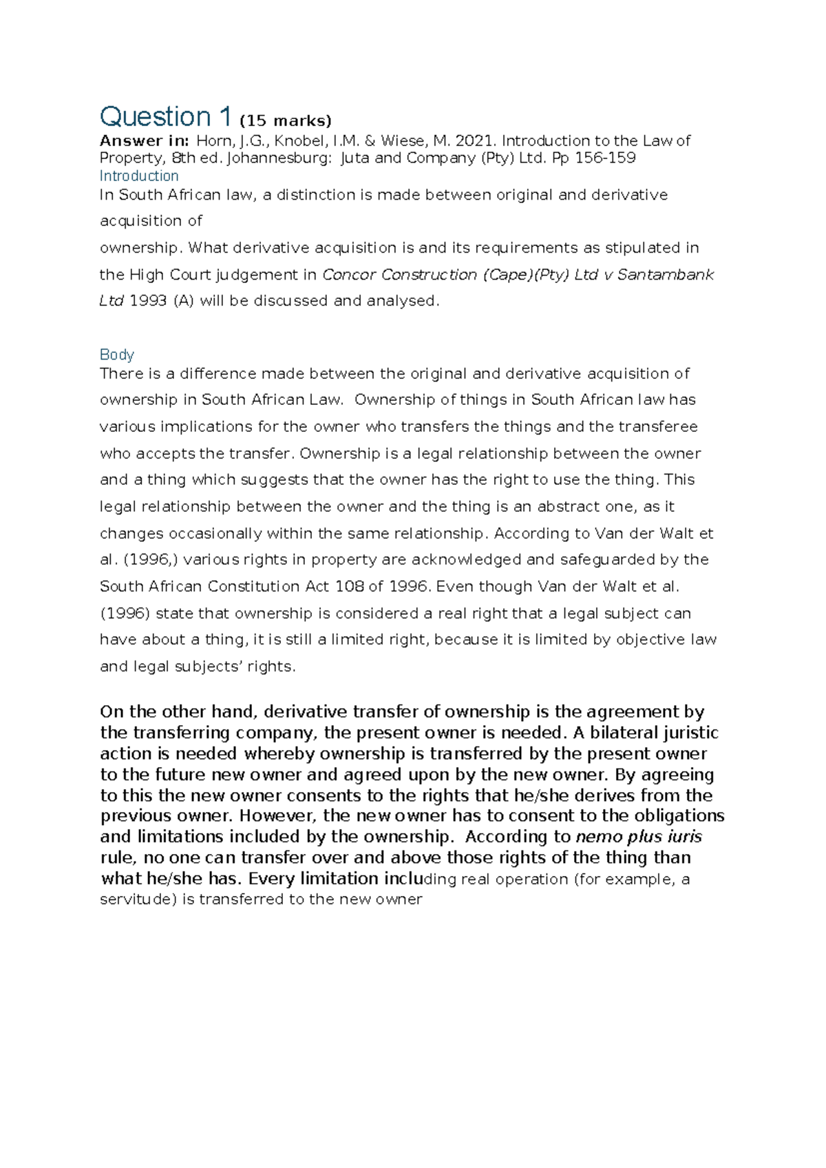 L PY Question 1 Answer 2024 - Question 1 (15 marks) Answer in: Horn, J ...