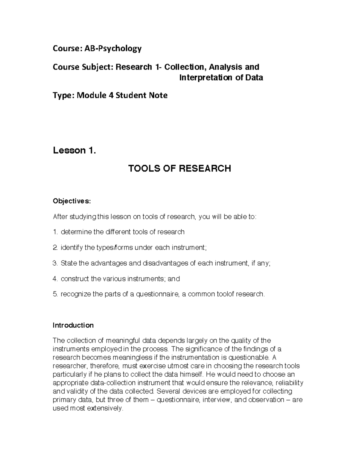 Research 1 - Module 4 The Collection, Analysis, and Interpretation of ...