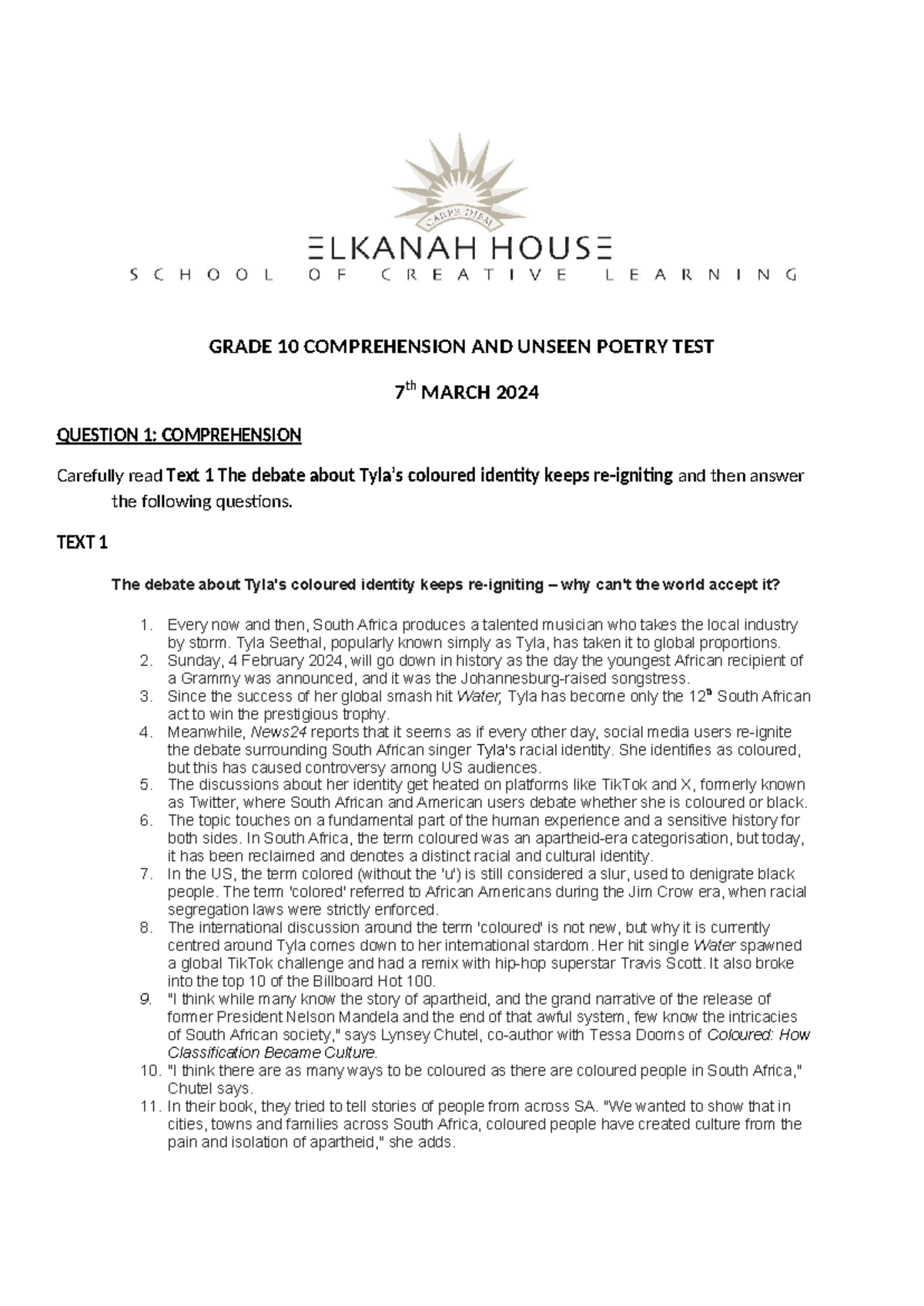 Comp and Lang Test 2024 - Comprehension class test - GRADE 10 ...