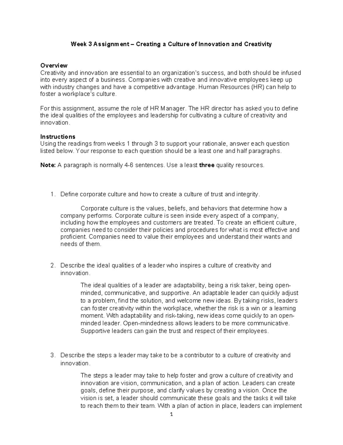 Creating a Culture of Innovation and Creativity - Week 3 Assignment ...