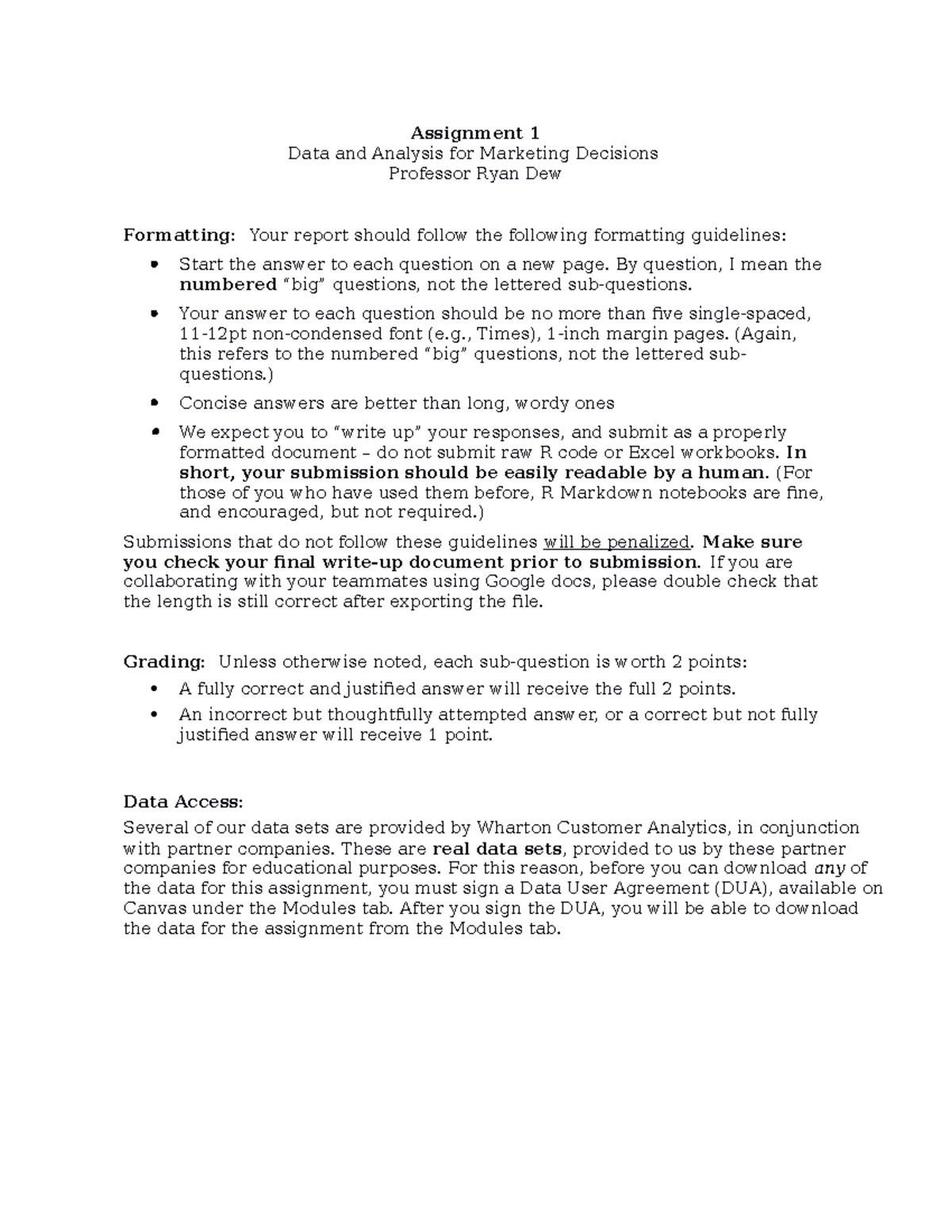 Assignment 1 - hw1 - Assignment 1 Data and Analysis for Marketing Decisions Professor Ryan Dew ...