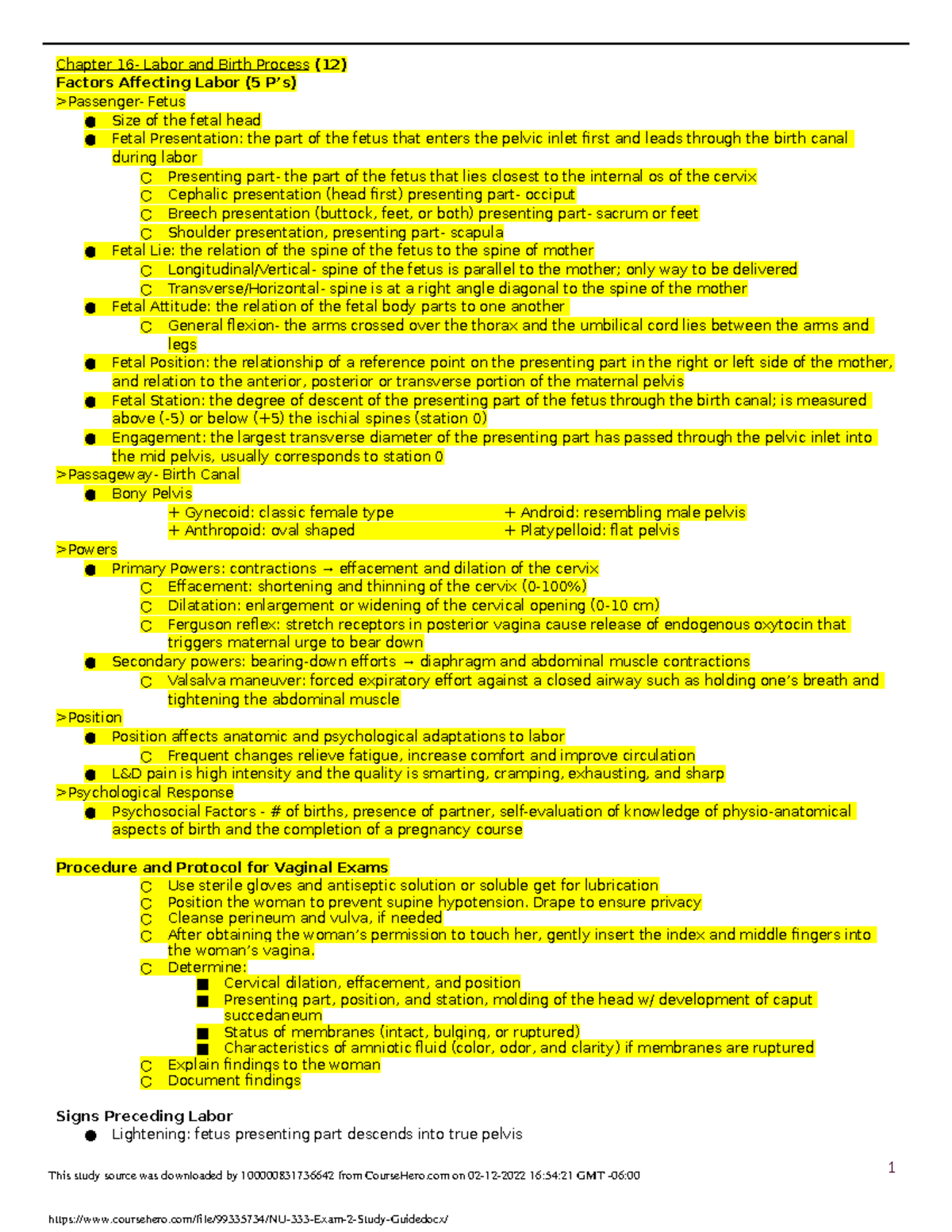 NU 333 Exam 2 Study Guide - Chapter 16- Labor and Birth Process (12 ...