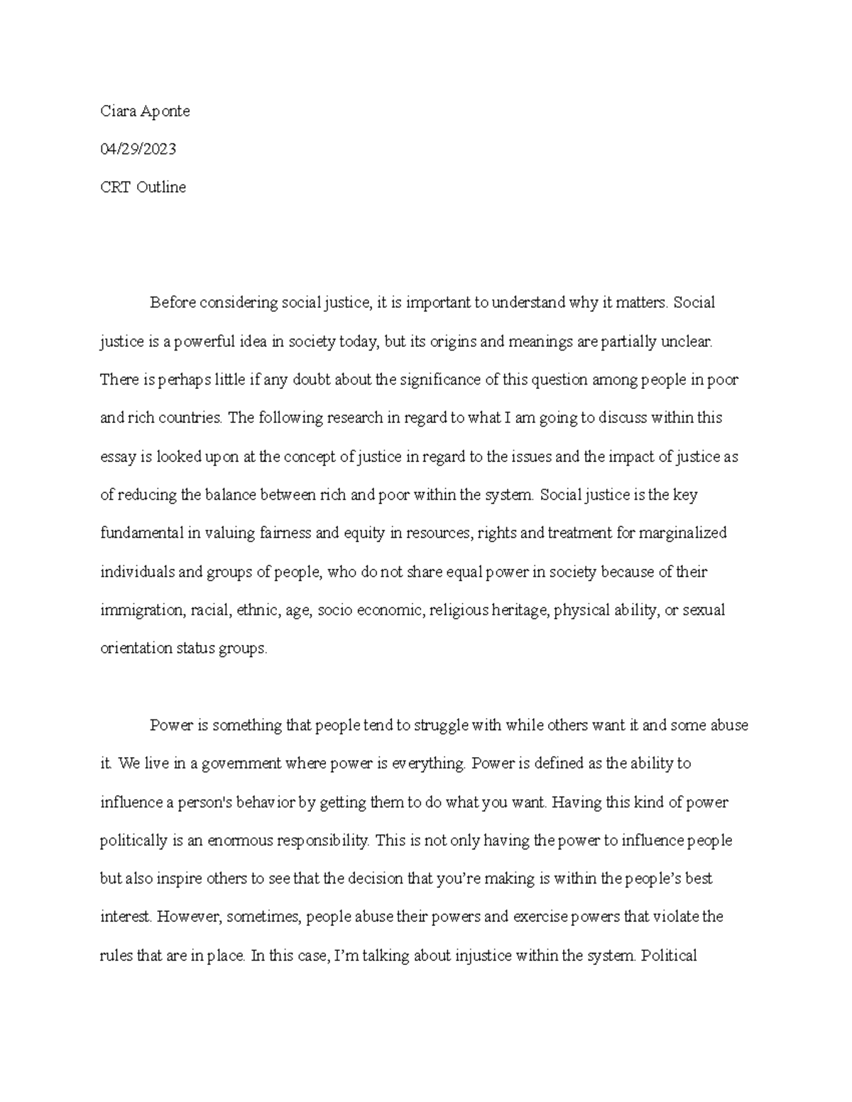CRT Essay Outline 5 2 - Google Docs - Ciara Aponte 04/29/ CRT Outline ...