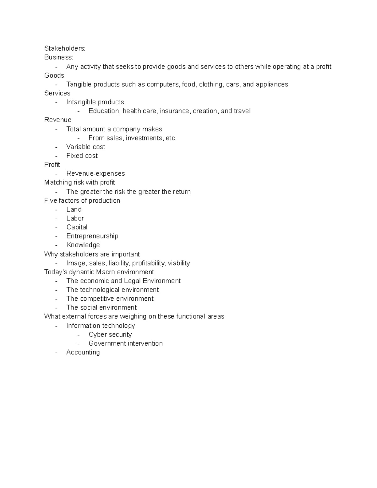 Lecture 1 - In class notes and examples for exam 1 - Stakeholders ...