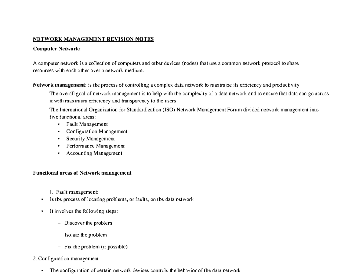 Network Management Revision Notes - NETWORK MANAGEMENT REVISION NOTES ...