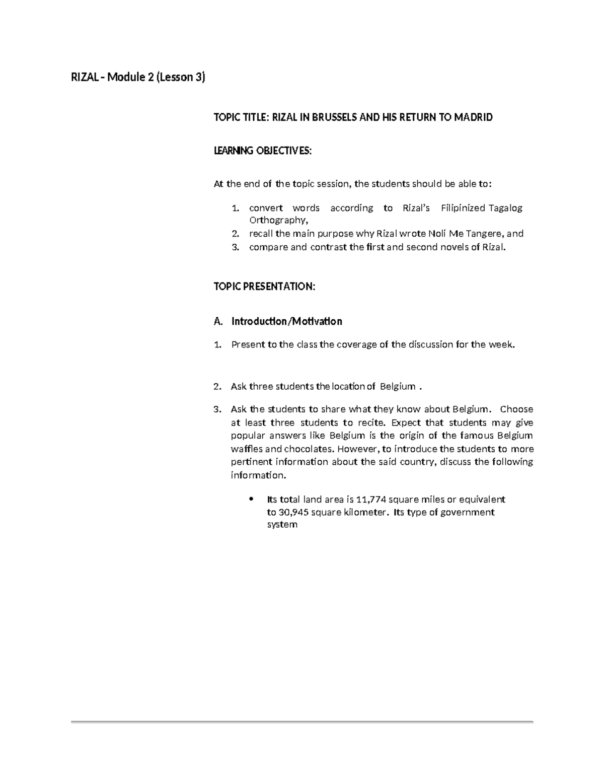 Rizal - Module 2 (Lesson 3) - RIZAL - Module 2 (Lesson 3) TOPIC TITLE: RIZAL IN BRUSSELS AND HIS ...