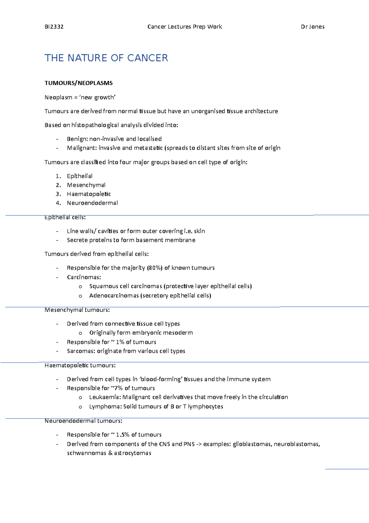 Cancer prep - Lecture notes - Core content - BI2332 Cancer Lectures ...