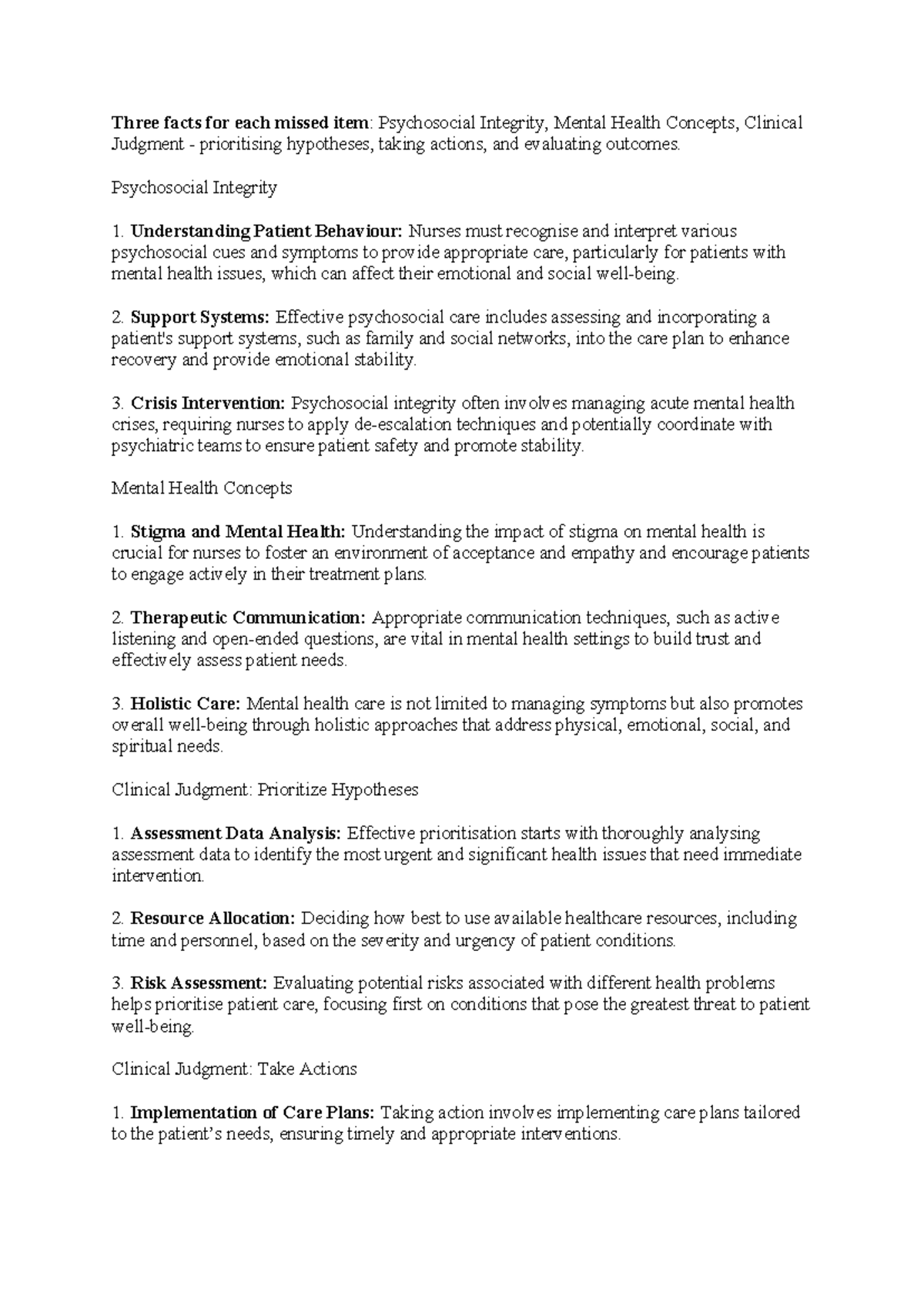 Three facts for each missed item - Psychosocial Integrity Understanding ...