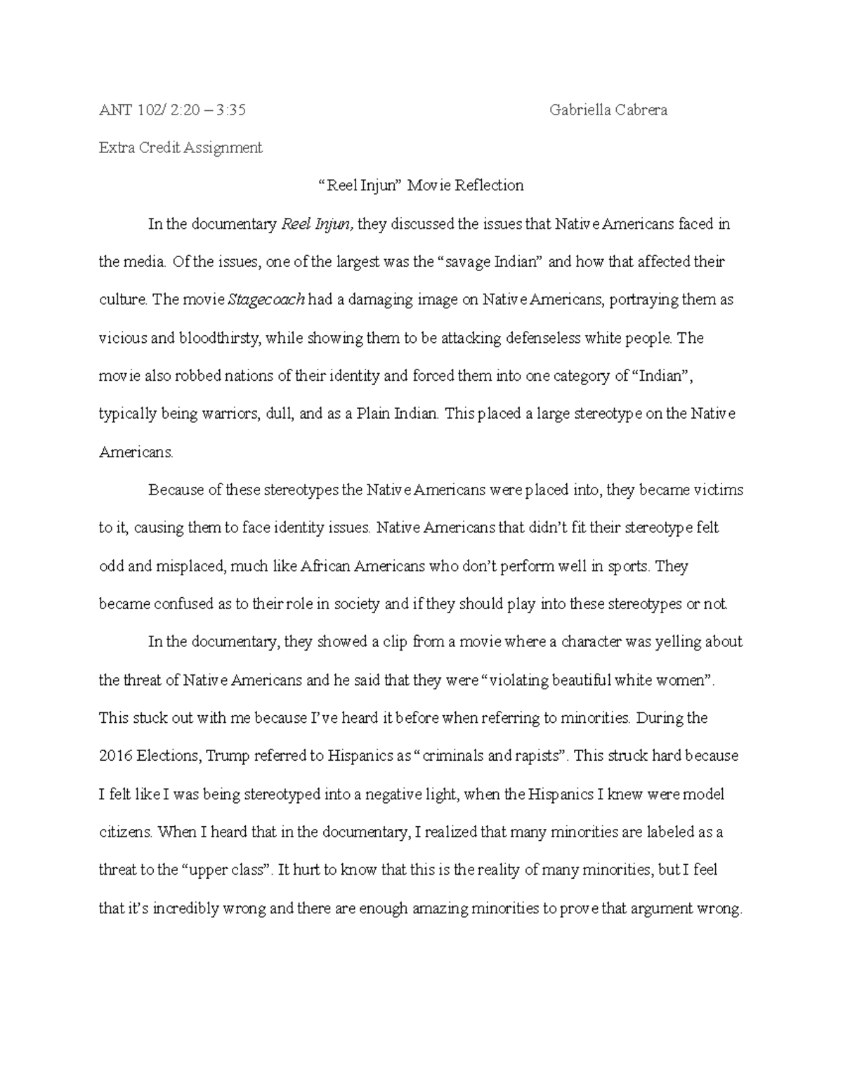 Reel Injun Movie Reflection - ANT 102/ 2:20 – 3:35 Gabriella Cabrera ...