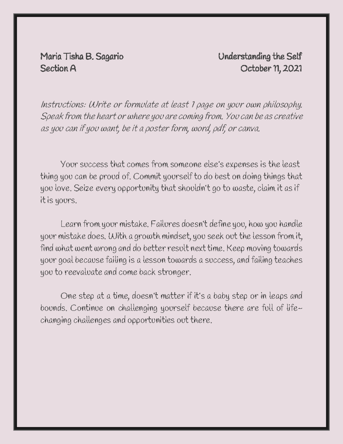 Sagario, Maria Tisha B. (MY Philosophy OF THE SELF) - Maria Tisha B ...