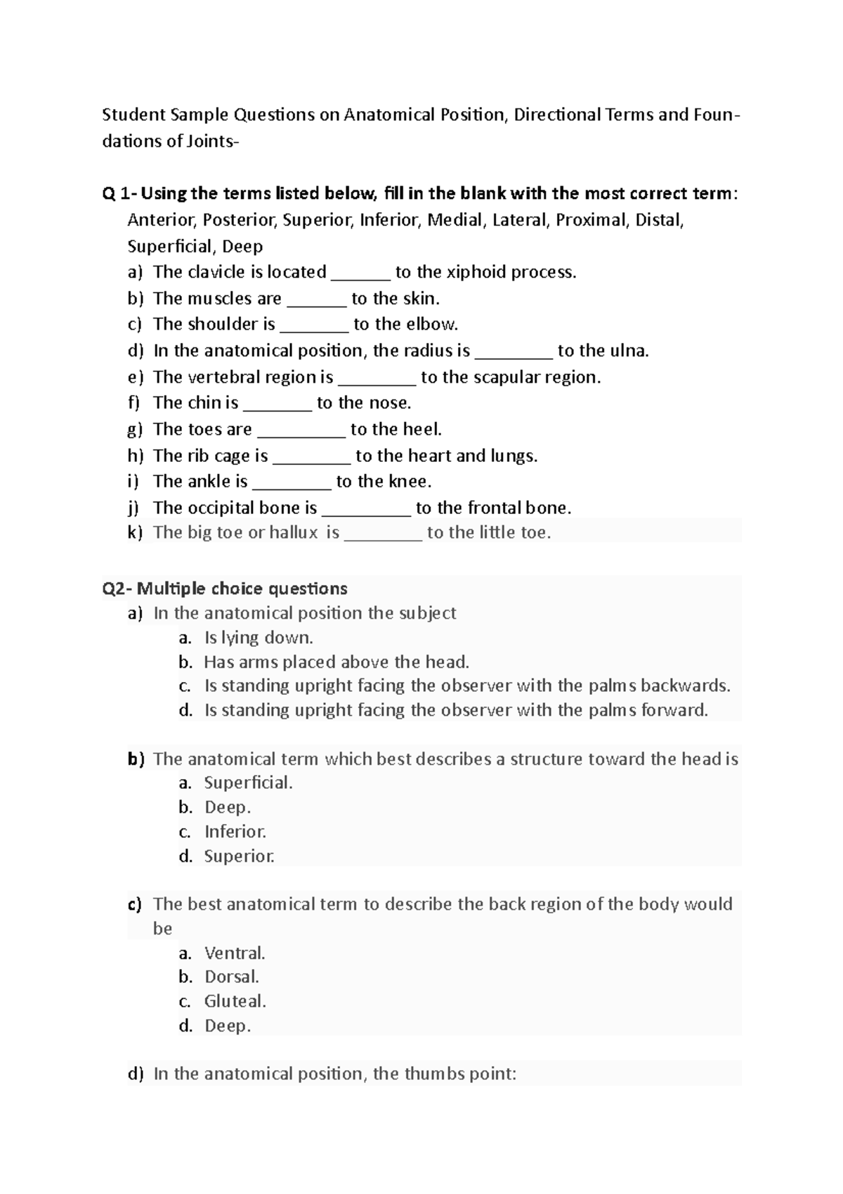 QUIZ WEEK 1 revision - Student Sample Questions on Anatomical Position ...