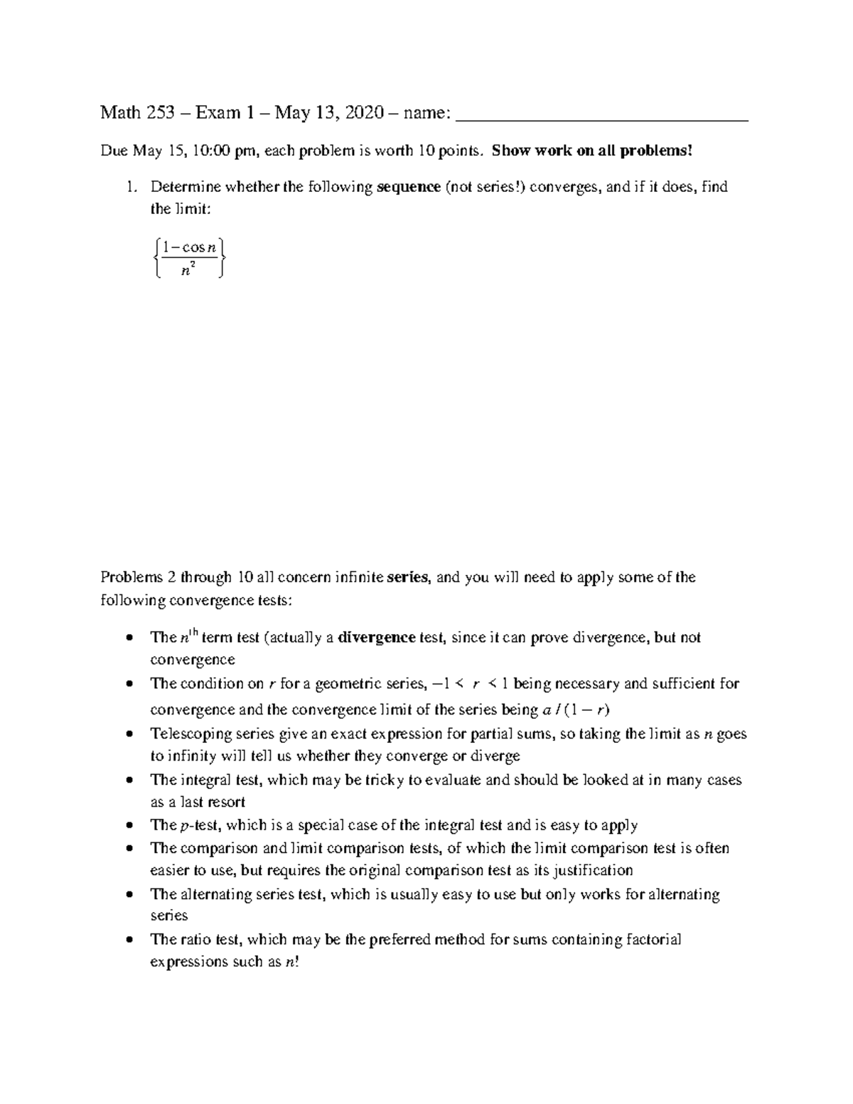 Math253 Exam1 Spr2020 - Math 253 – Exam 1 – May 13, 2020 – name