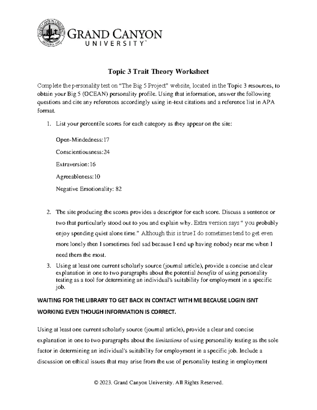Trait Theory Worksheet - © 2023. Grand Canyon University. All Rights ...