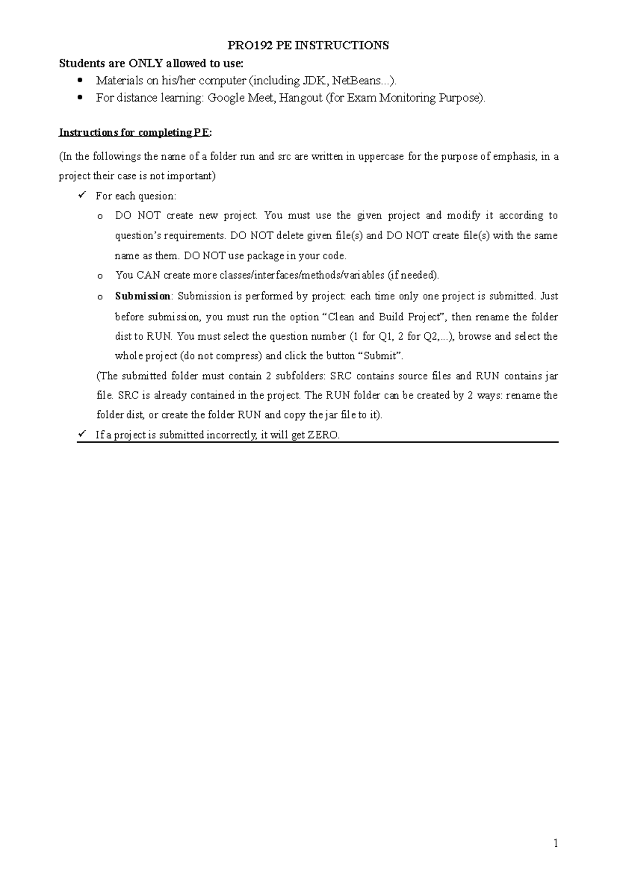 PRO192 PE first page - None - PRO192 PE INSTRUCTIONS Students are ONLY allowed to use: Materials ...