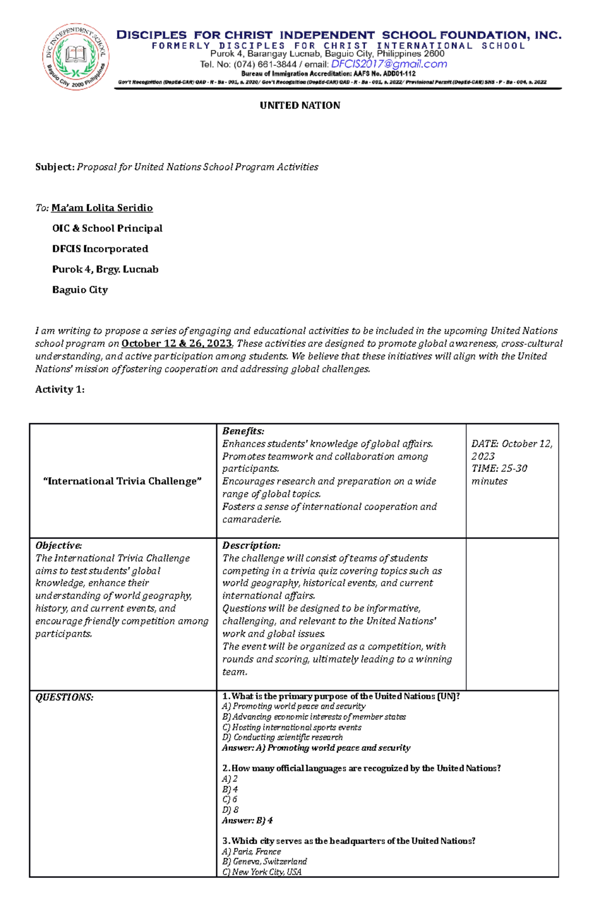 United Nation Activities - UNITED NATION Subject: Proposal for United ...