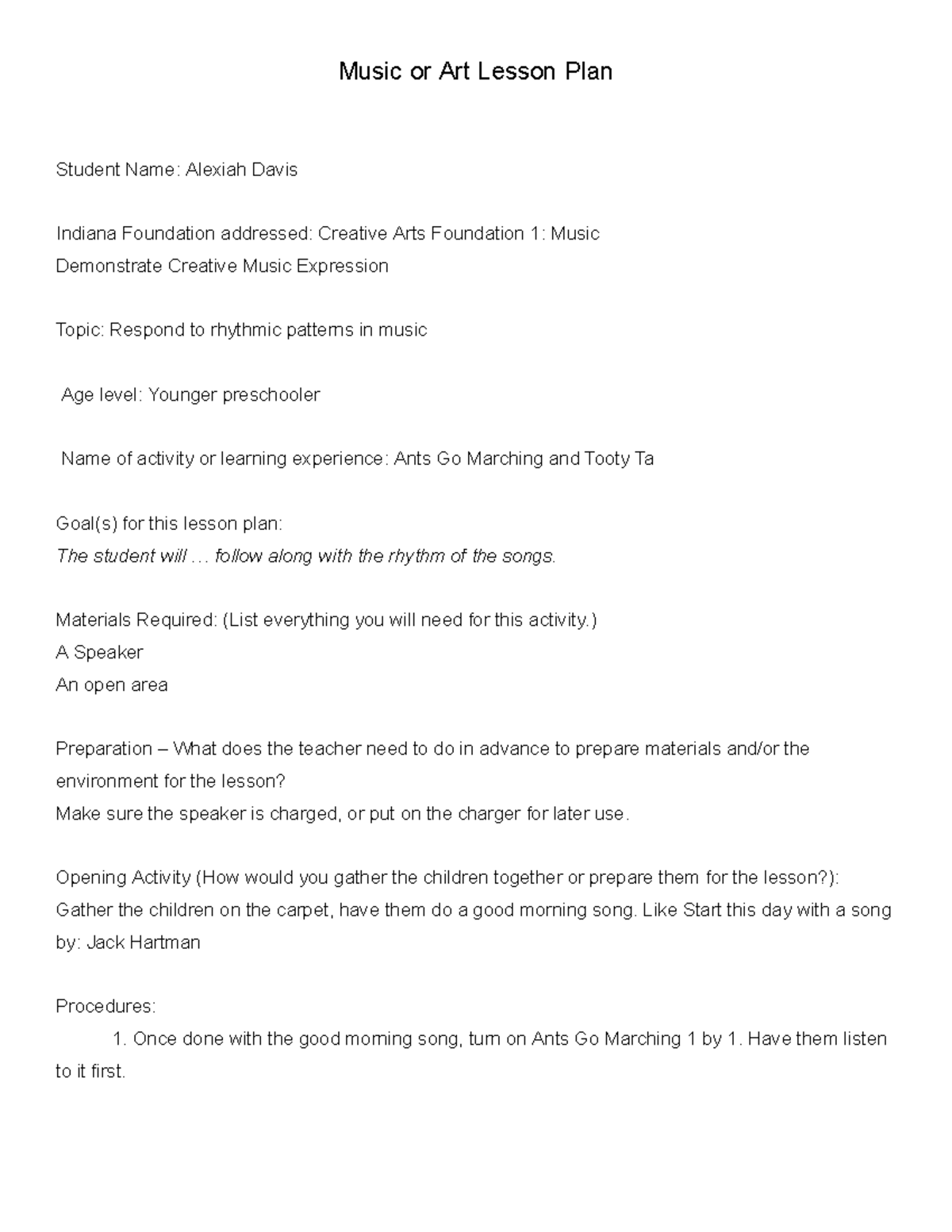 Music and art lesson plan - Music or Art Lesson Plan Student Name ...