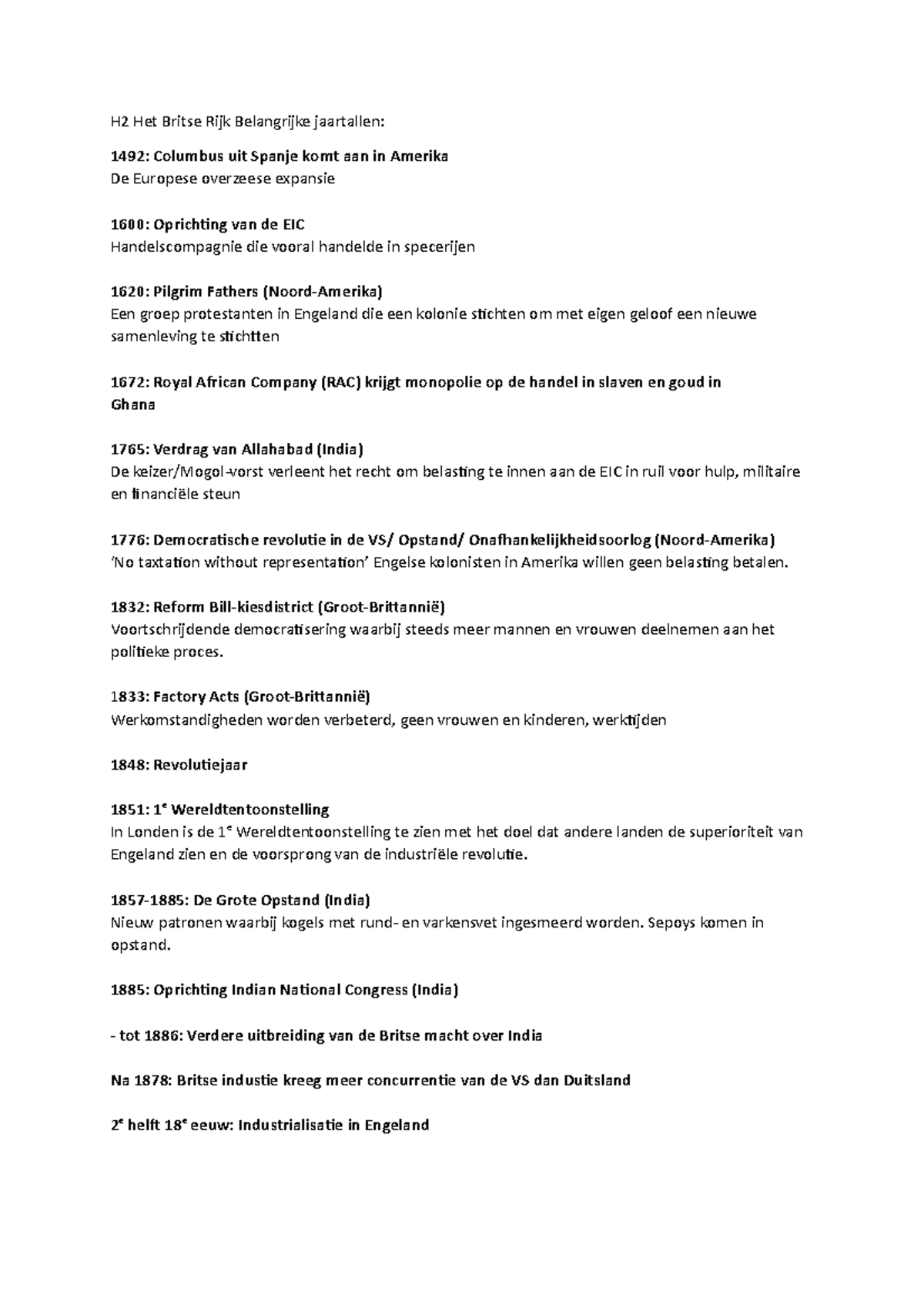 GS H2 Het Britse Rijk jaartallen - H2 Het Britse Rijk Belangrijke ...