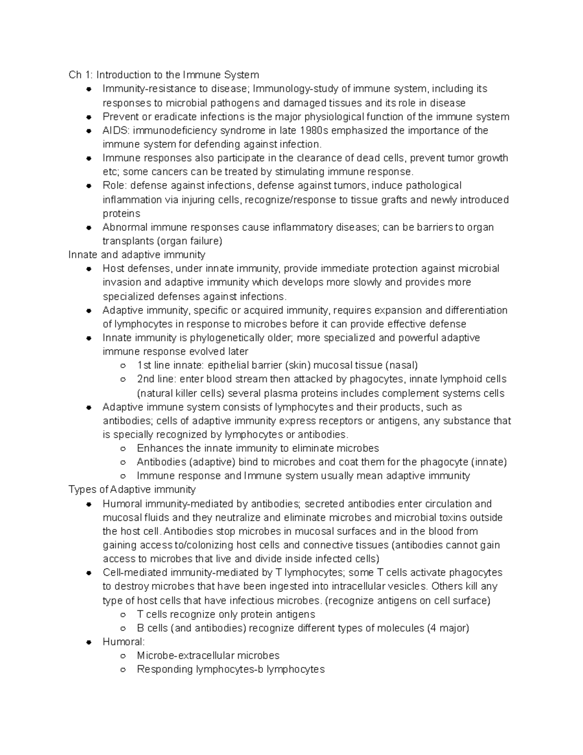 Block 1 Textbook Notes Ch 1+2 - Ch 1: Introduction to the Immune System ...