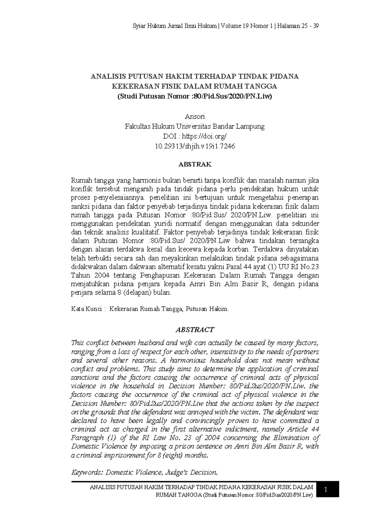Analisis Putusan Hakim Terhadap Tindak P - Syiar Hukum Jurnal Ilmu Hukum | Volume 19 Nomor 1 ...