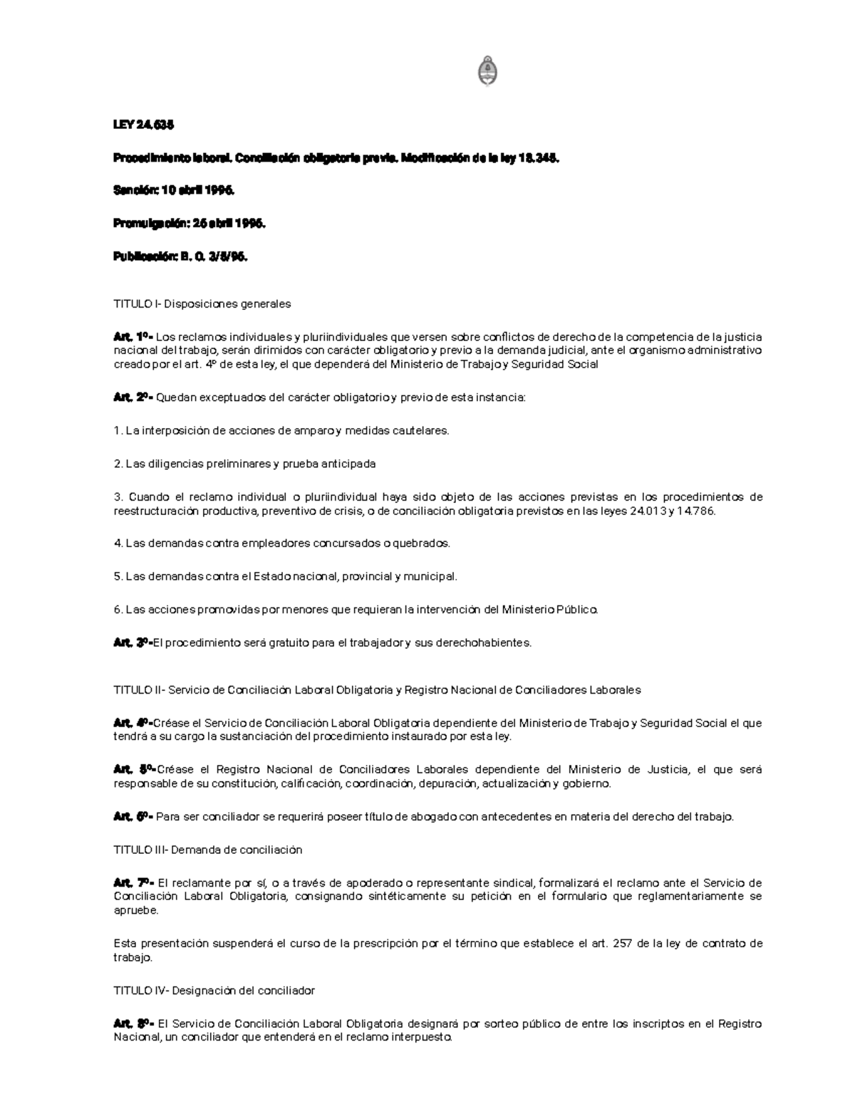 LEY 24635 - aaaaaaaaaaaa - LEY 24. Procedimiento laboral. Conciliación ...