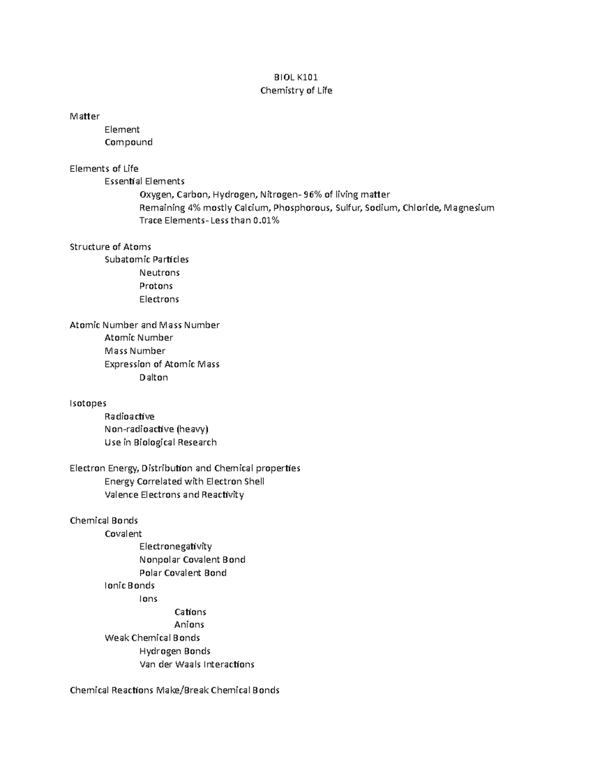 Ch02 Outline - Lecture notes Ch 2 - BIOL K101 Chemistry of Life Matter ...