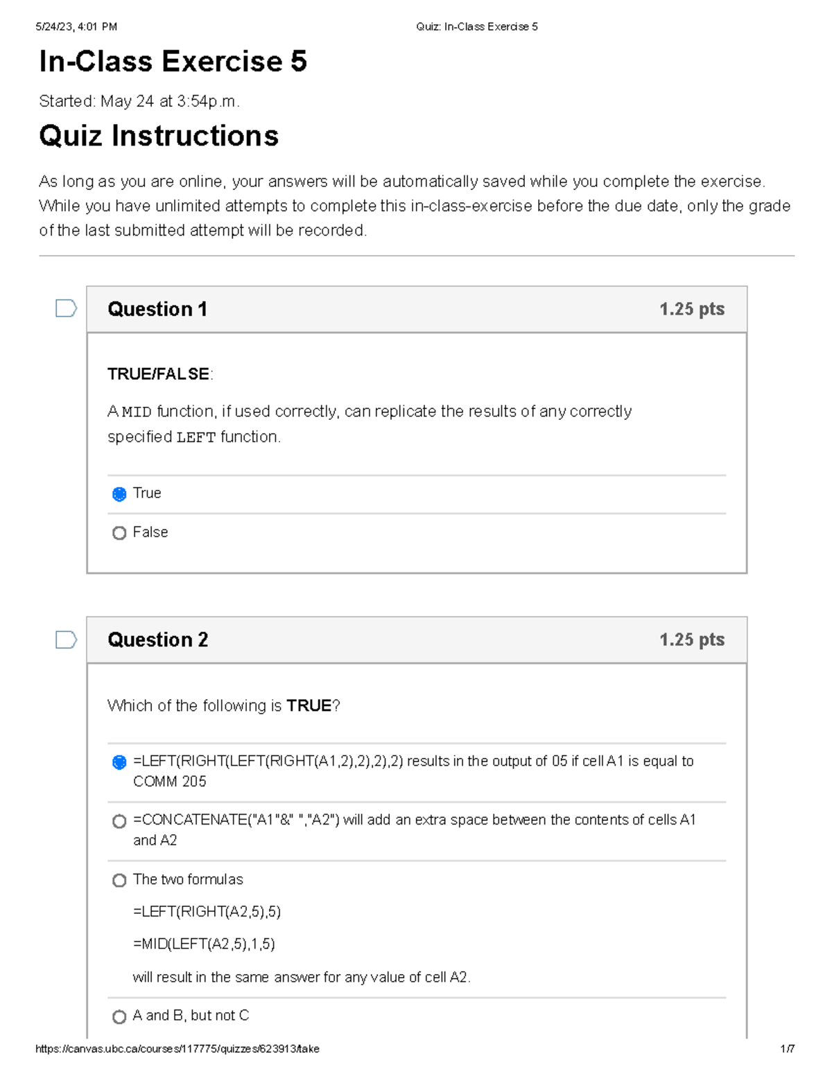 Quiz In-Class Exercise 5 - In-Class Exercise 5 Started: May 24 at 3:54p ...