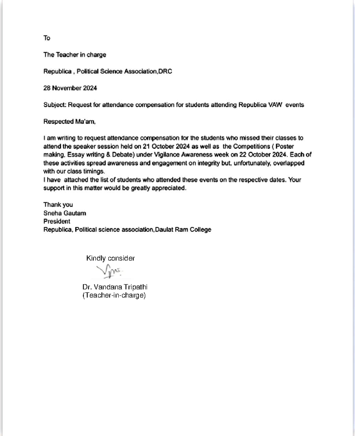 Attendancecompensation.VAW - To The Teacher in charge Republica ...