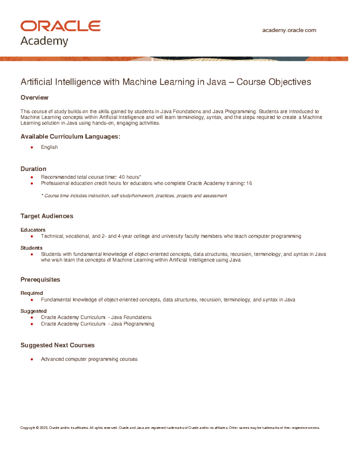 Ai ML Course Objectives - Copyright © 2020 , Oracle and/or its ...