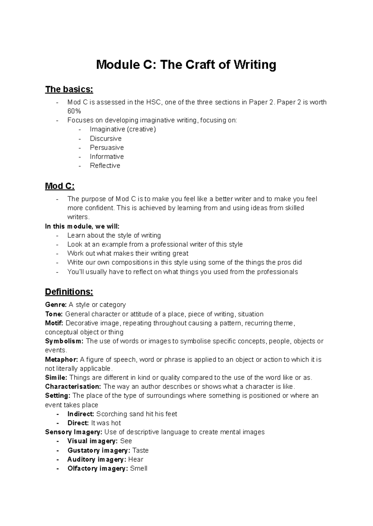 Mod c summary notes 1 - Module C: The Craft of Writing The basics ...