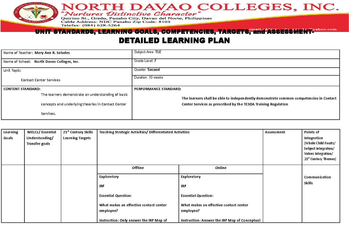 2ND QTR Detailed- Learning-PLAN-format - UNIT STANDARDS, LEARNING GOALS ...