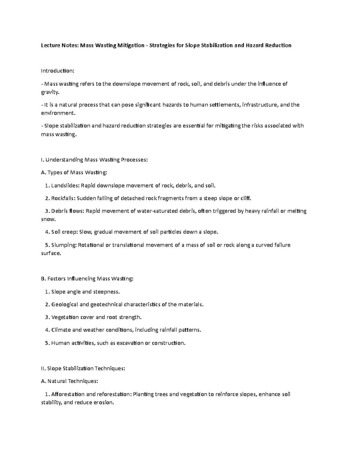 Lecture Notes: Mass Wasting Mitigation - Strategies for Slope ...