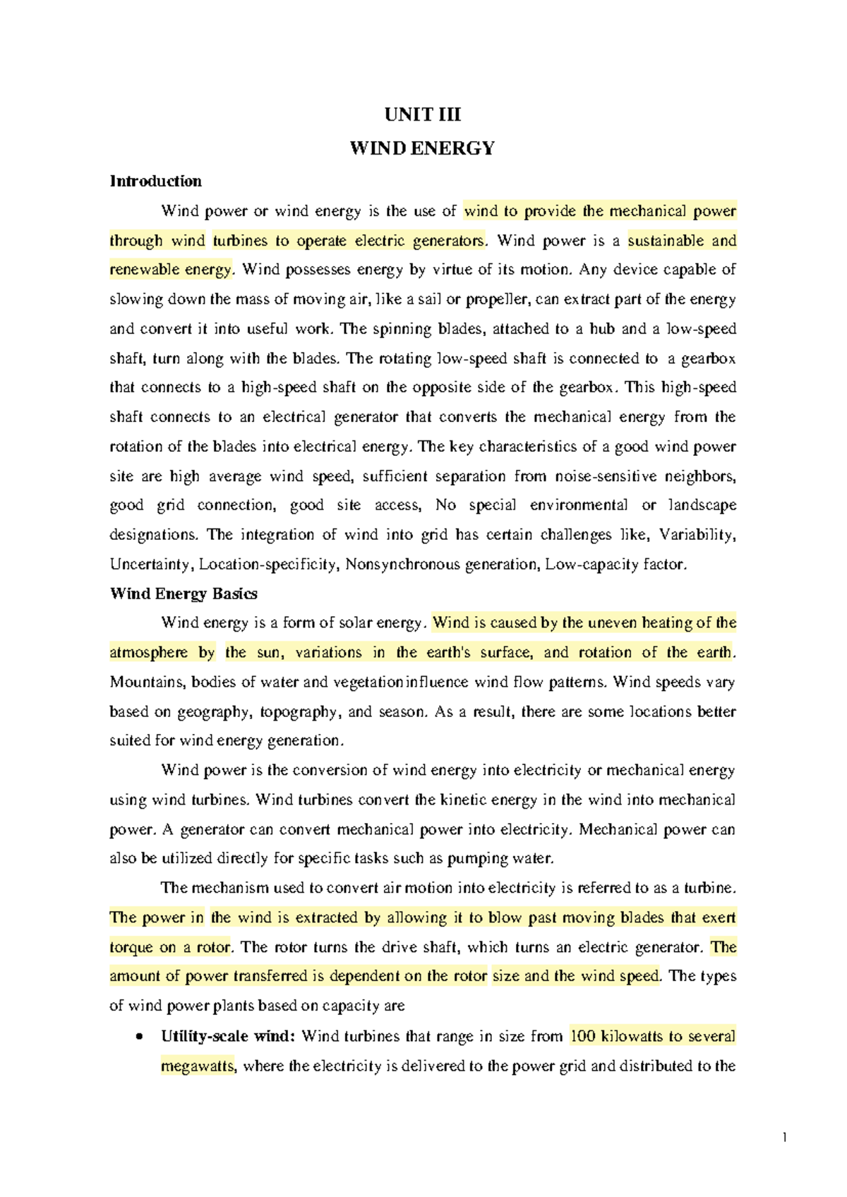 RES UNIT-III Original - UNIT III WIND ENERGY Introduction Wind power or ...