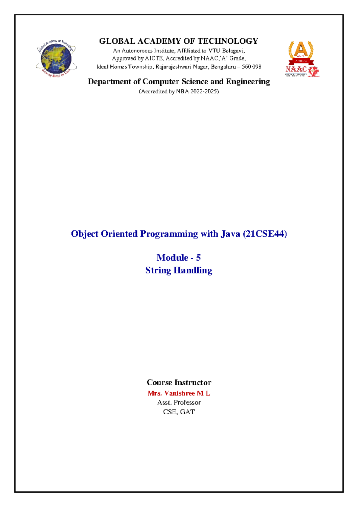 21CSE44 OOP with Java Module 5 notes VML - GLOBAL ACADEMY OF TECHNOLOGY ...