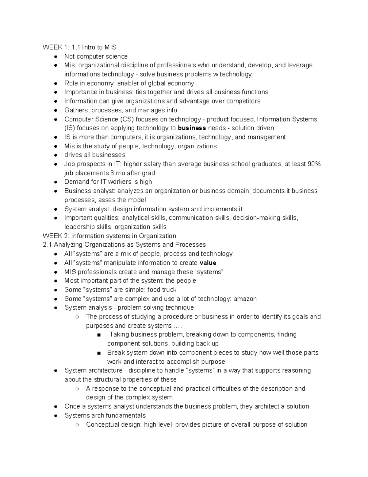 MIS - Lecture notes Exam 1 (Weeks 1-4) - WEEK 1: 1 Intro to MIS Not ...