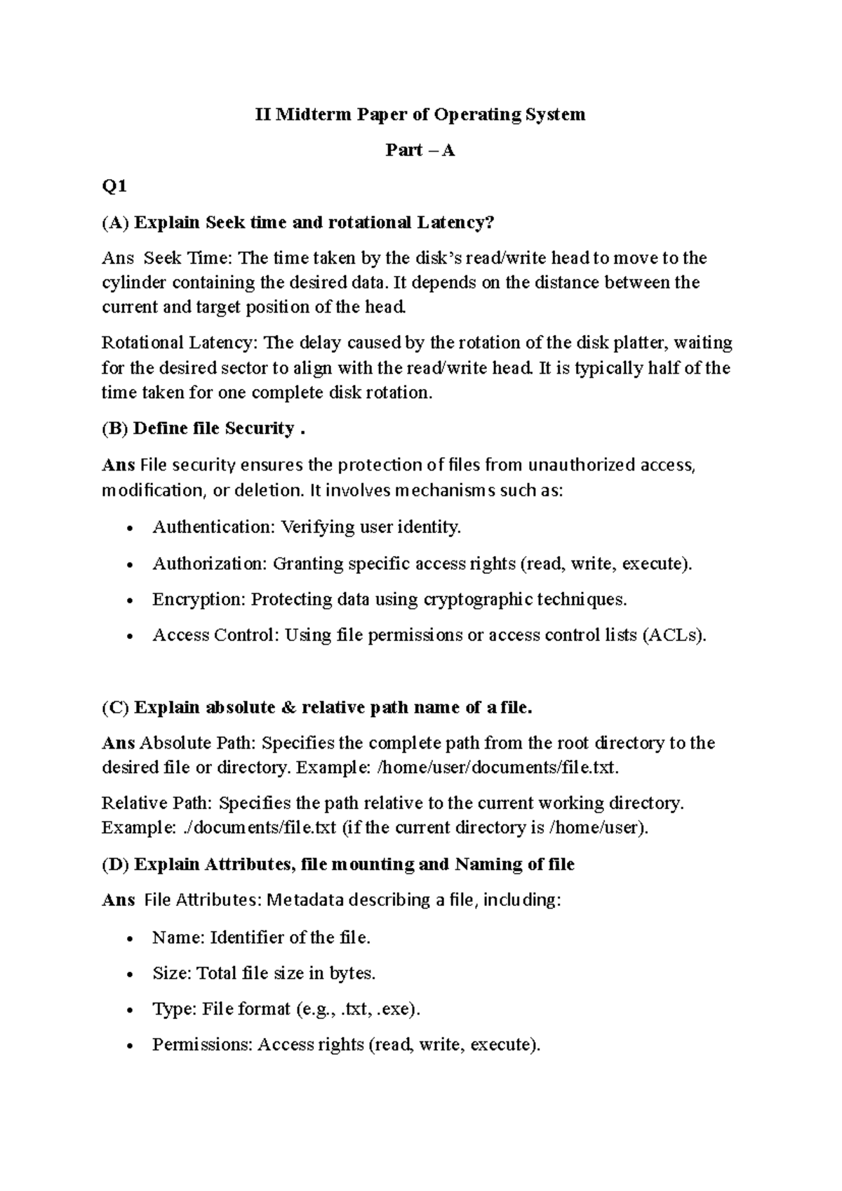 II Midterm Solved Paper of Operating System - II Midterm Paper of Operating System Part – A Q 1 ...