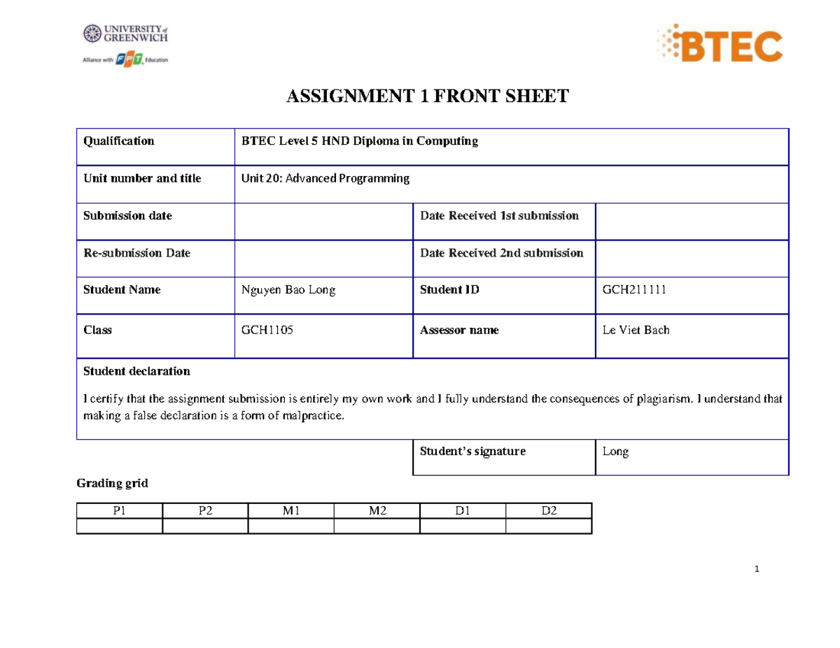 Asm1 1651 Gch1105 Assignment 1 Front Sheet Qualification Btec Level 5 Hnd Diploma In Computing