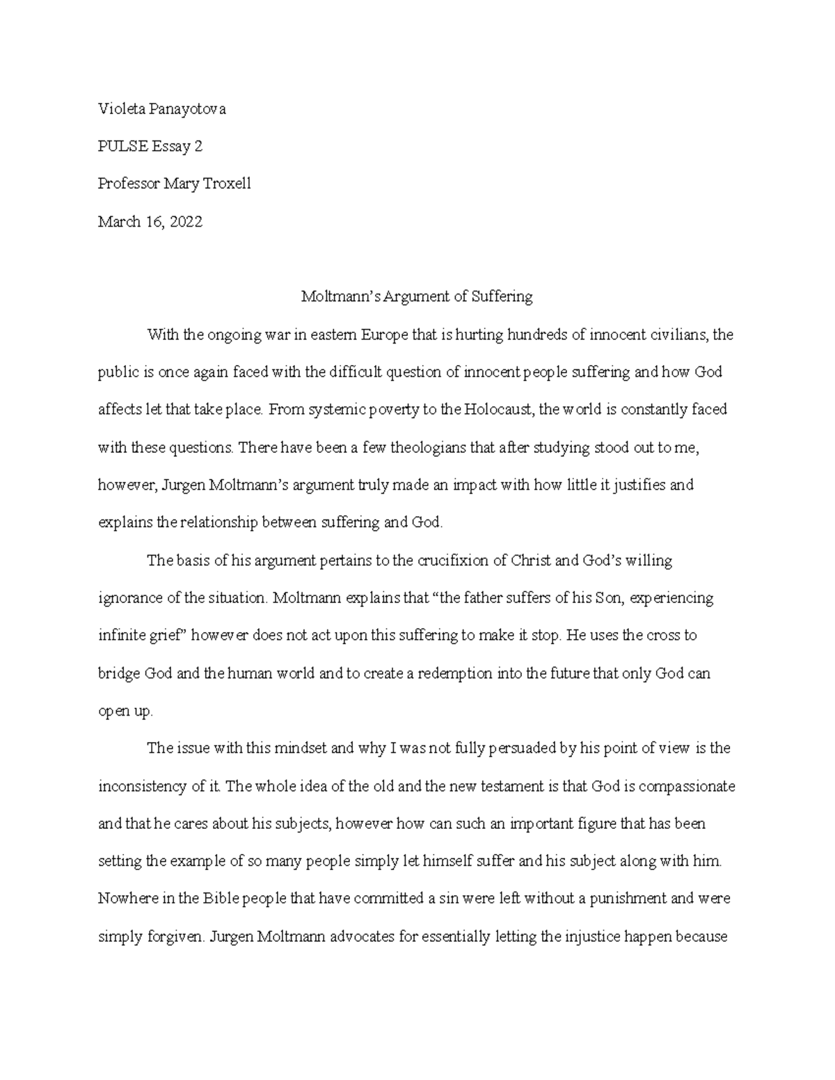 Moltmann’s Argument of Suffering - Violeta Panayotova PULSE Essay 2 ...