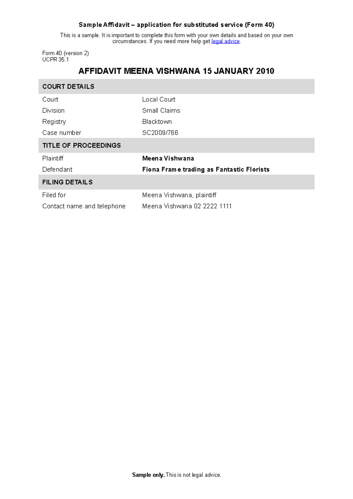 Sample affidavit - substituted service (form 40) - Sample Affidavit ...