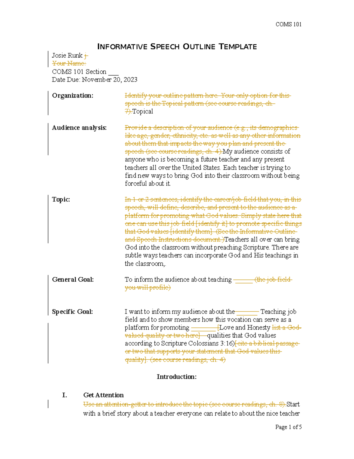 Informative Speech Outline Template - INFORMATIVE SPEECH OUTLINE ...