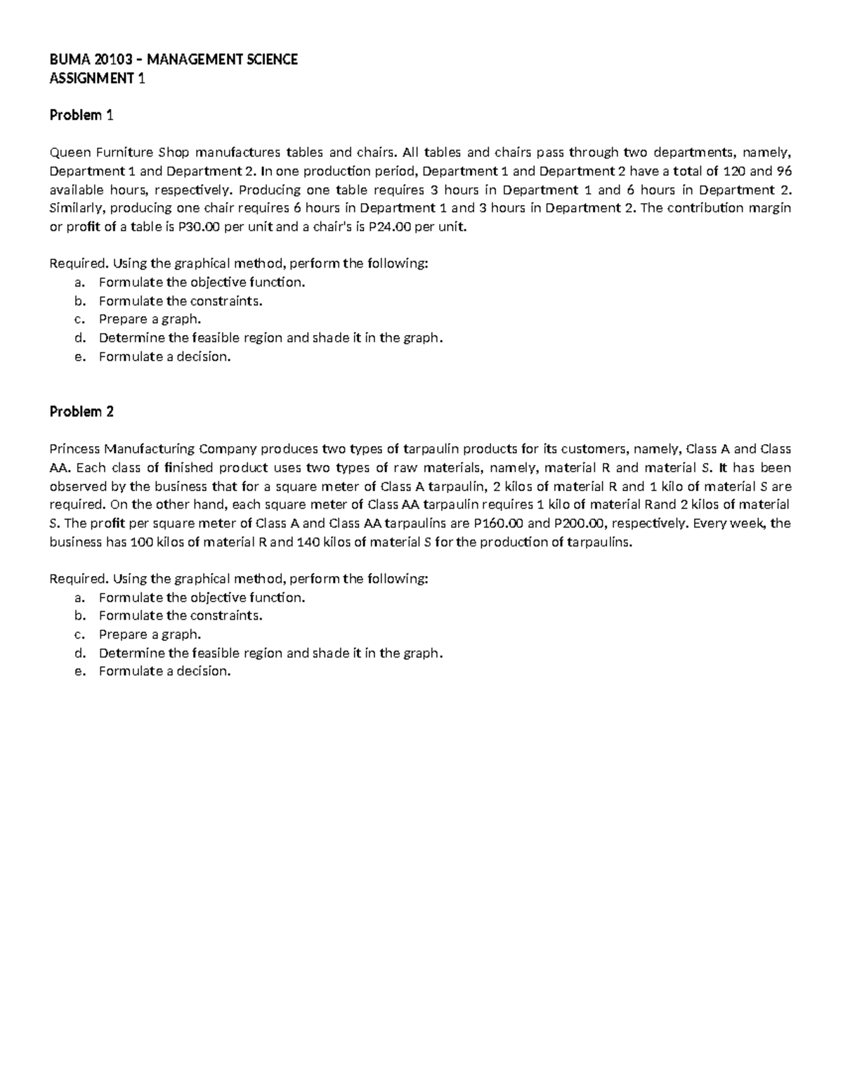 Assignment-BUMA Linear Programming - BUMA 20103 – MANAGEMENT SCIENCE ...