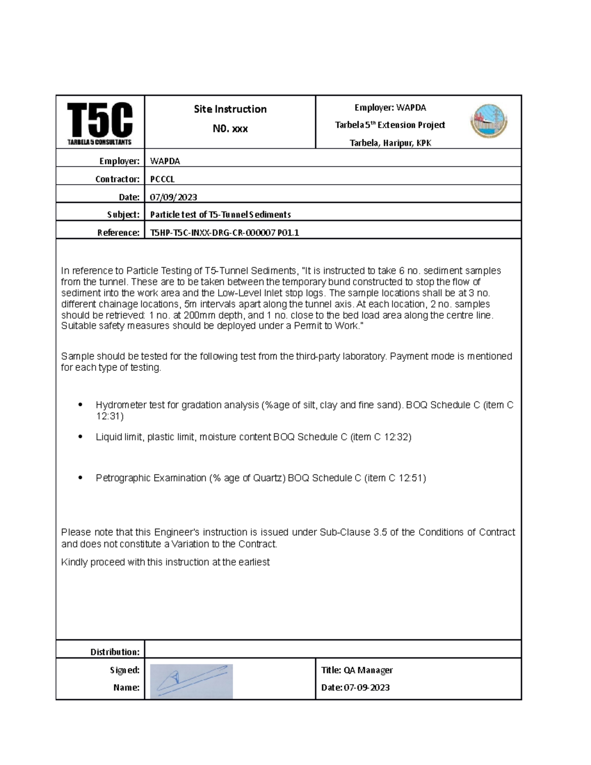 Site Instruction tunnel Sediment 1 - Site Instruction N0. xxx Employer ...