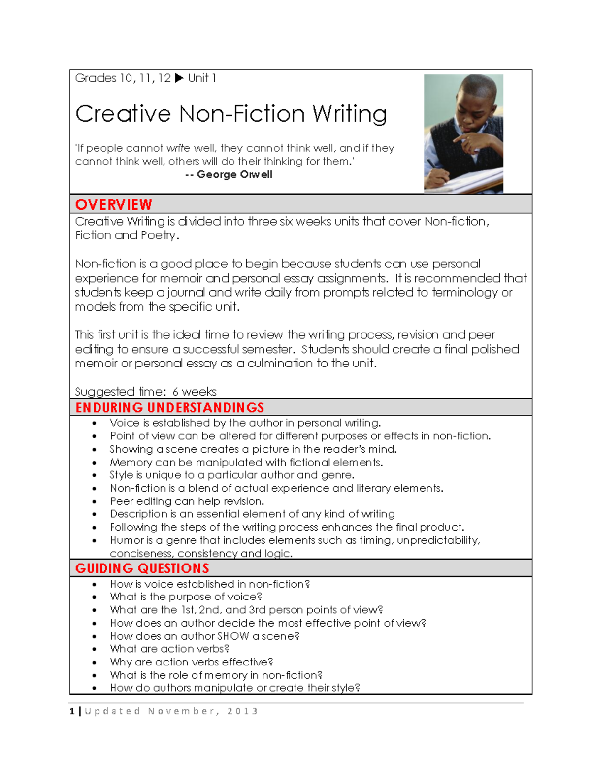 Creative Writing - Grades 10, 11, 12 Unit 1 Creative Non-Fiction ...
